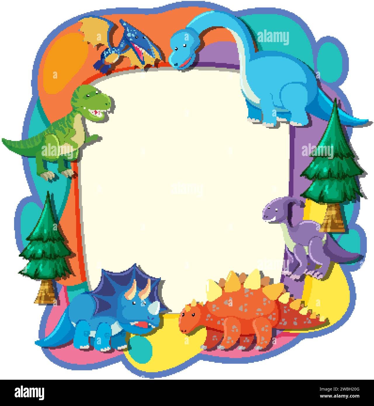 Vibrant frame with playful cartoon dinosaurs and trees Stock Vector ...