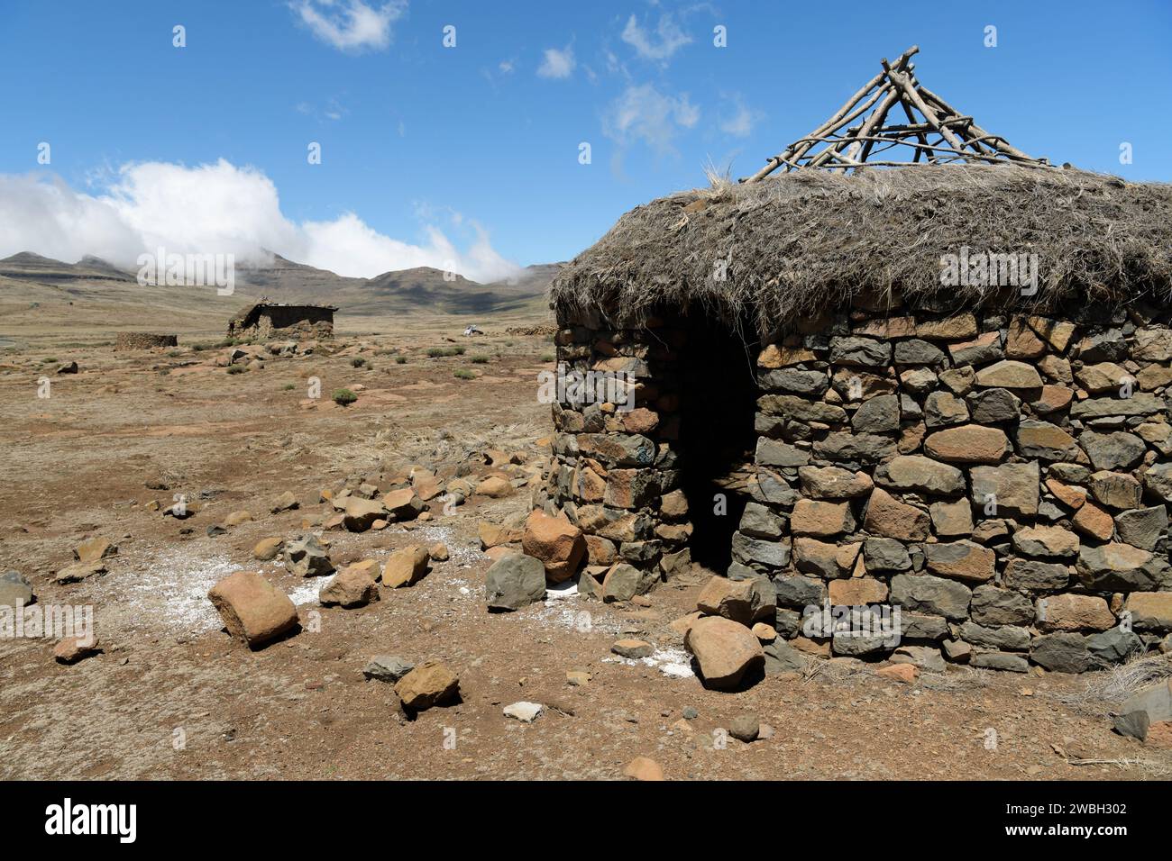 Forsaken rural house, countryside Kingdom of Lesotho, ethnic building ...