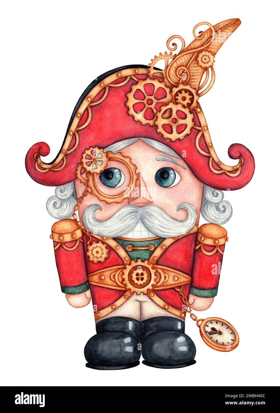 Watercolor illustration of a Christmas nutcracker toy in steampunk ...