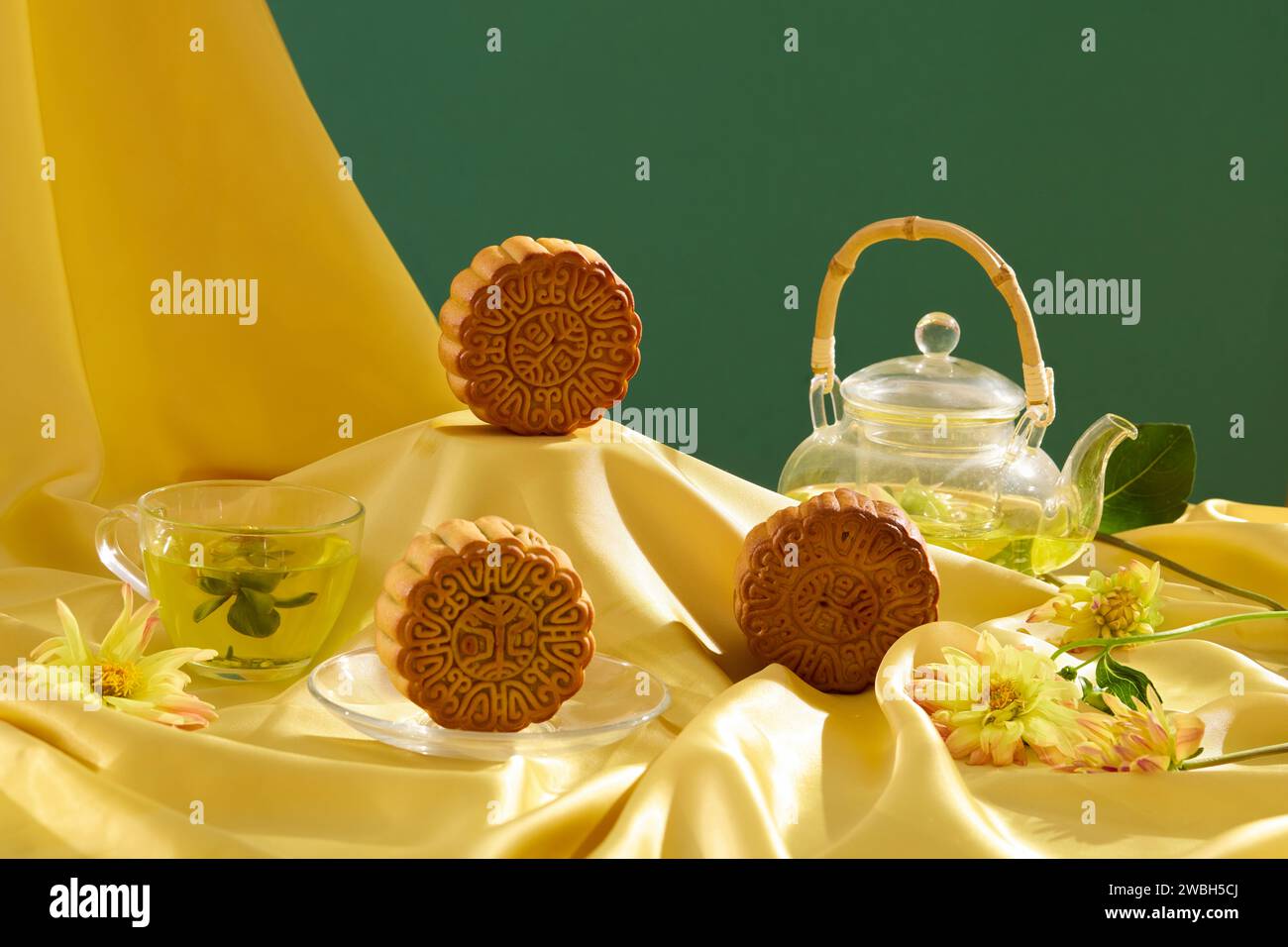 Fabric in yellow color featured some Chinese Traditional Mooncakes with ...