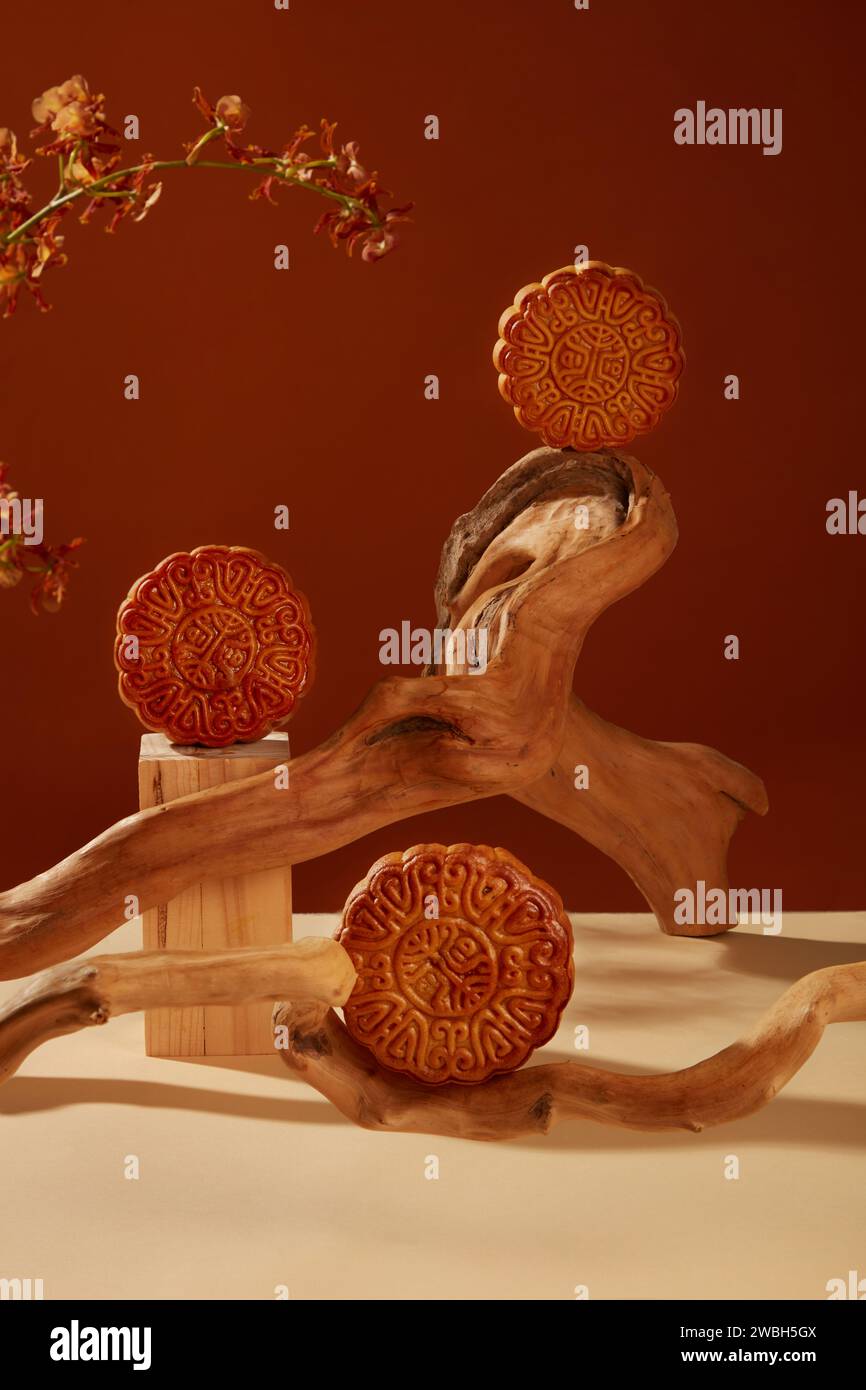 Mid-Autumn Festival concept of few beautiful mooncakes displayed on a ...
