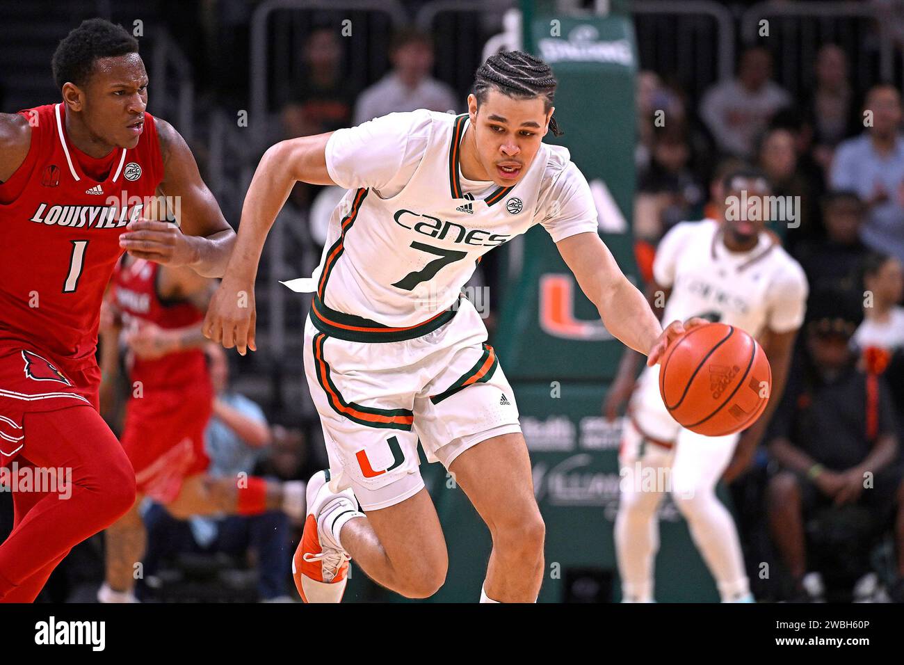 CORAL GABLES, FL - JANUARY 10: Miami guard Kyshawn George (7) steals ...
