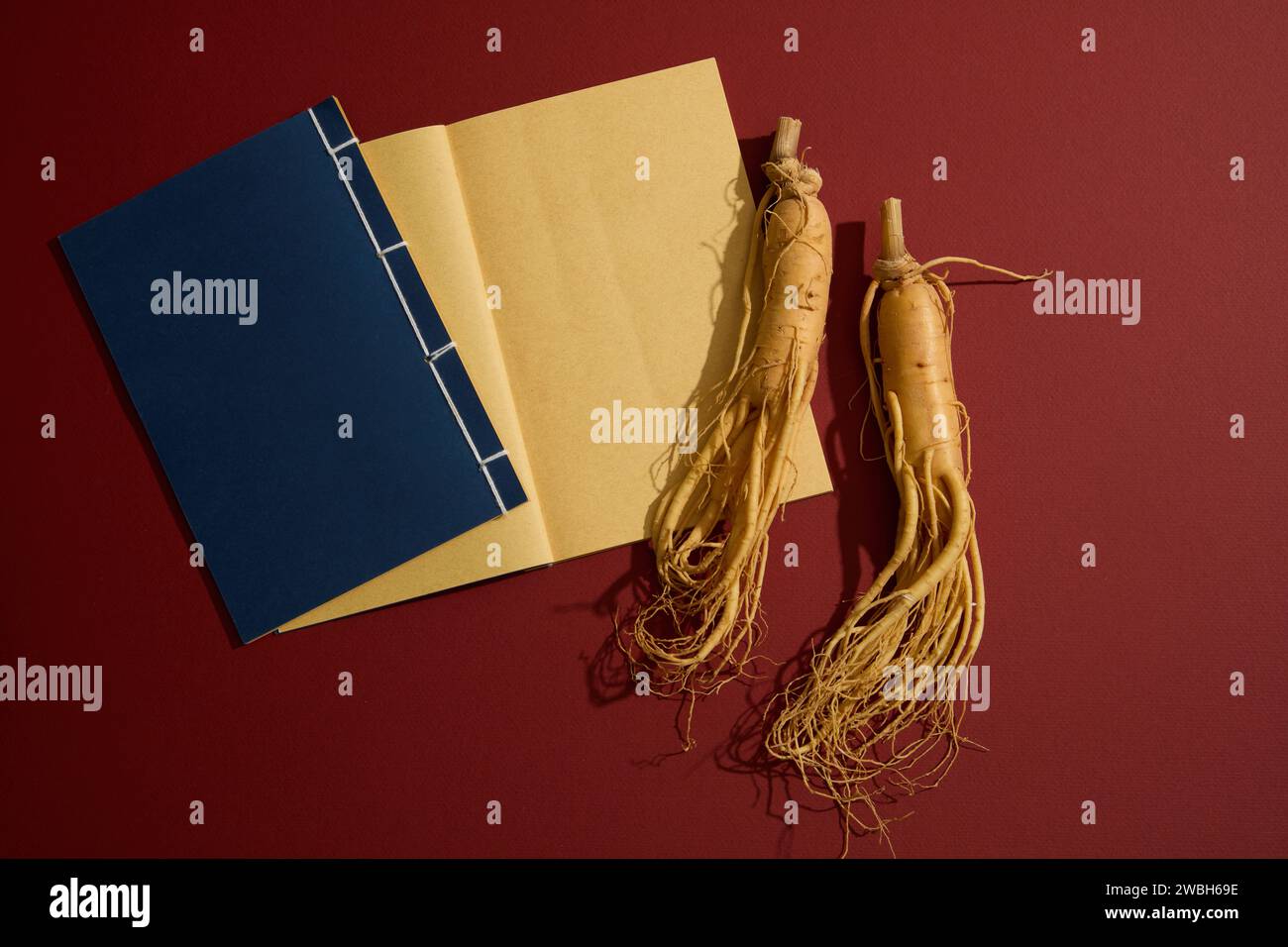 Minimal scene of fresh Ginseng roots decorated with opened ancient ...