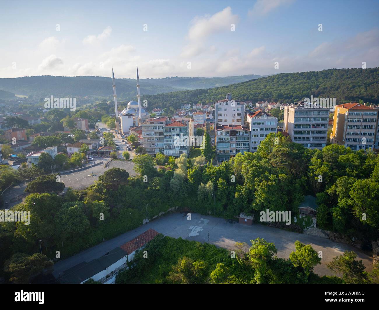Kilyos Merkez Camii Mosque aerial view in historic town center of ...