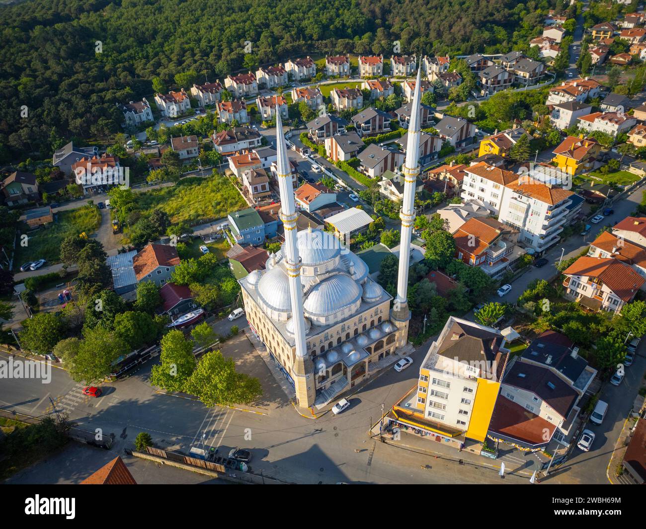 Kilyos Merkez Camii Mosque aerial view in historic town center of ...