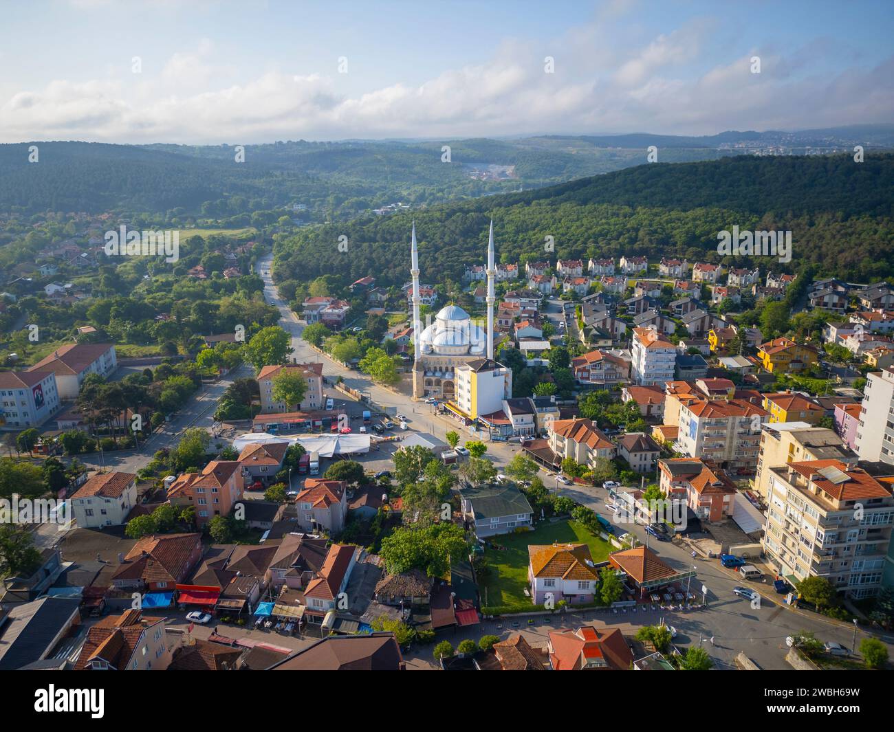 Kilyos Merkez Camii Mosque aerial view in historic town center of ...