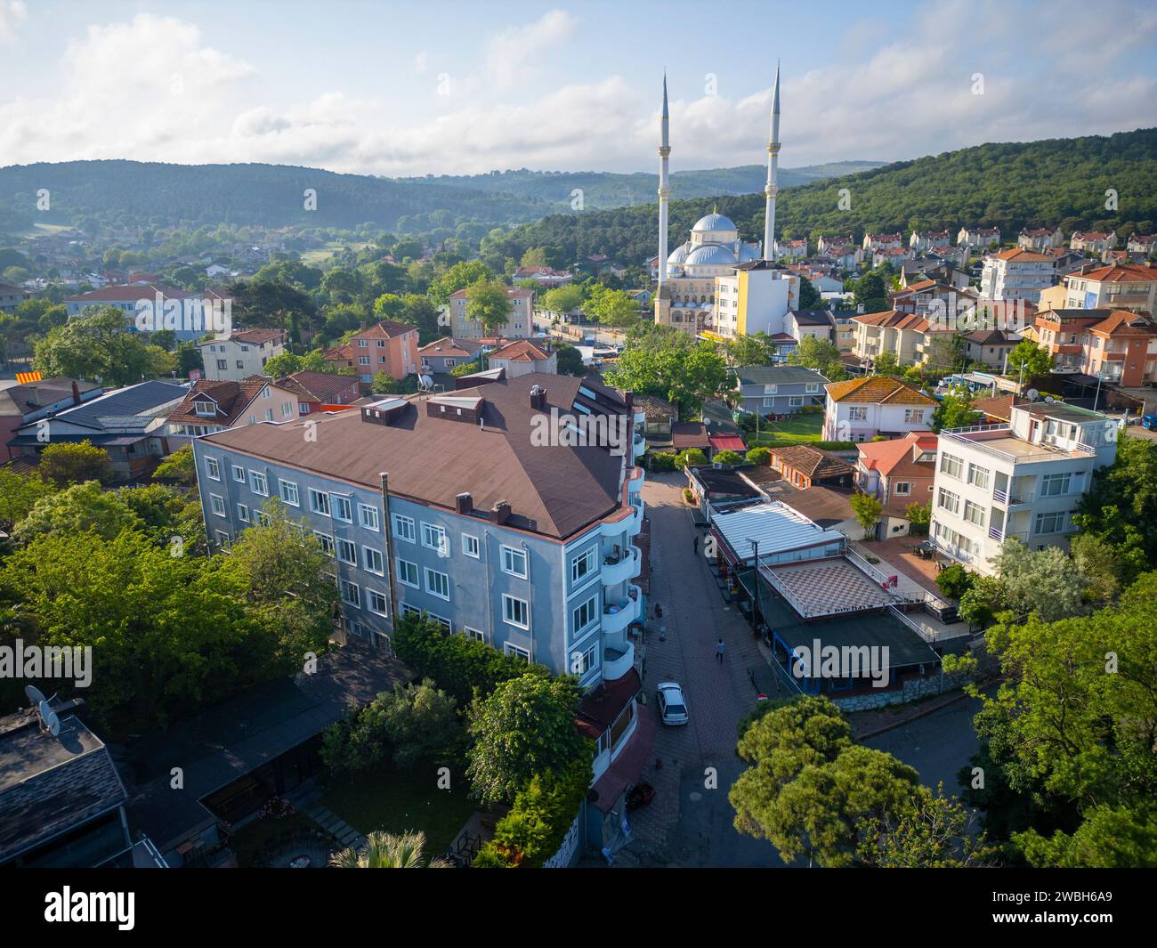 Kilyos Merkez Camii Mosque aerial view in historic town center of ...