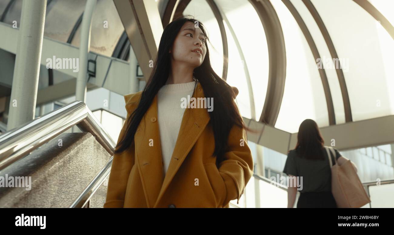 Stairs, thinking and Japanese woman in city for morning commute ...