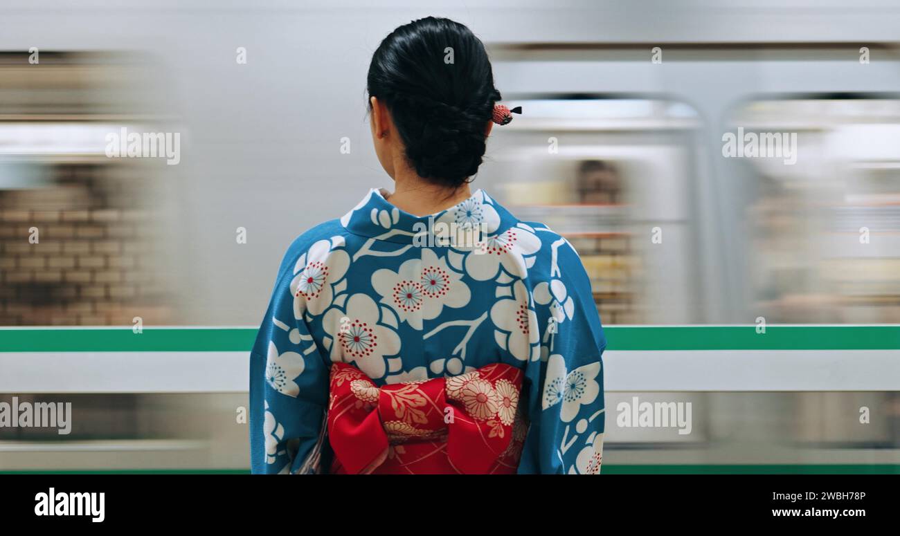 Woman, Japanese train station and kimono traditional dress for ...