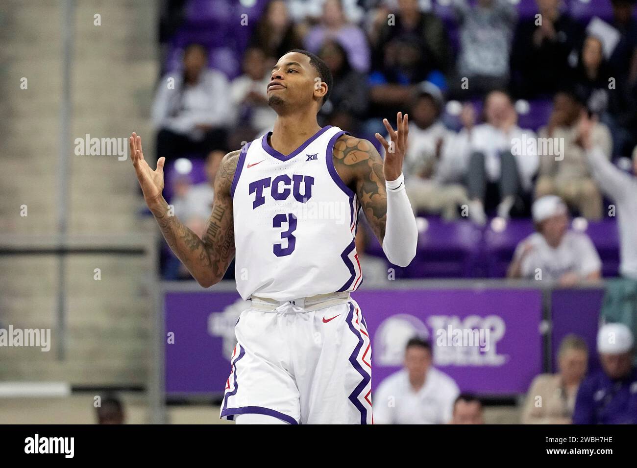 TCU guard Avery Anderson III reacts to scoring a 3-pointer against ...