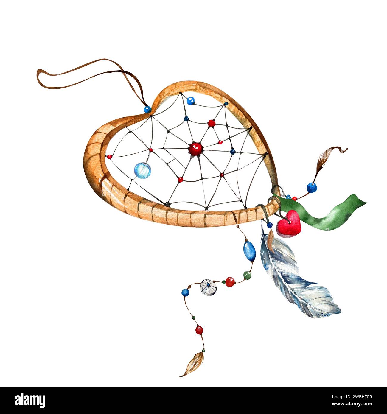 A heart-shaped dream catcher with beads, feathers and ribbons. handmade ...