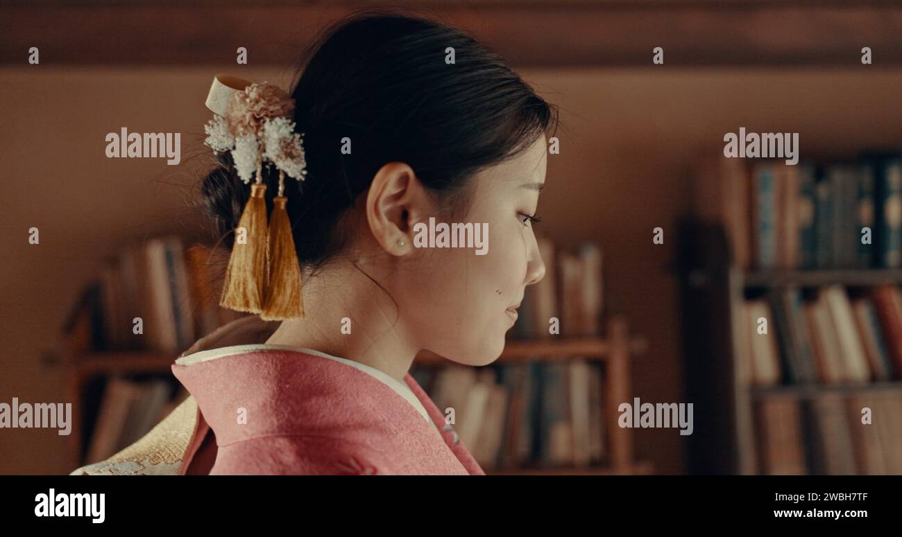 Japanese, woman and kimono for ceremony or tradition in chashitsu room ...