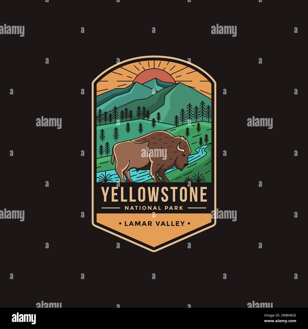 Emblem patch logo illustration of Lamar Valley Yellowstone National ...