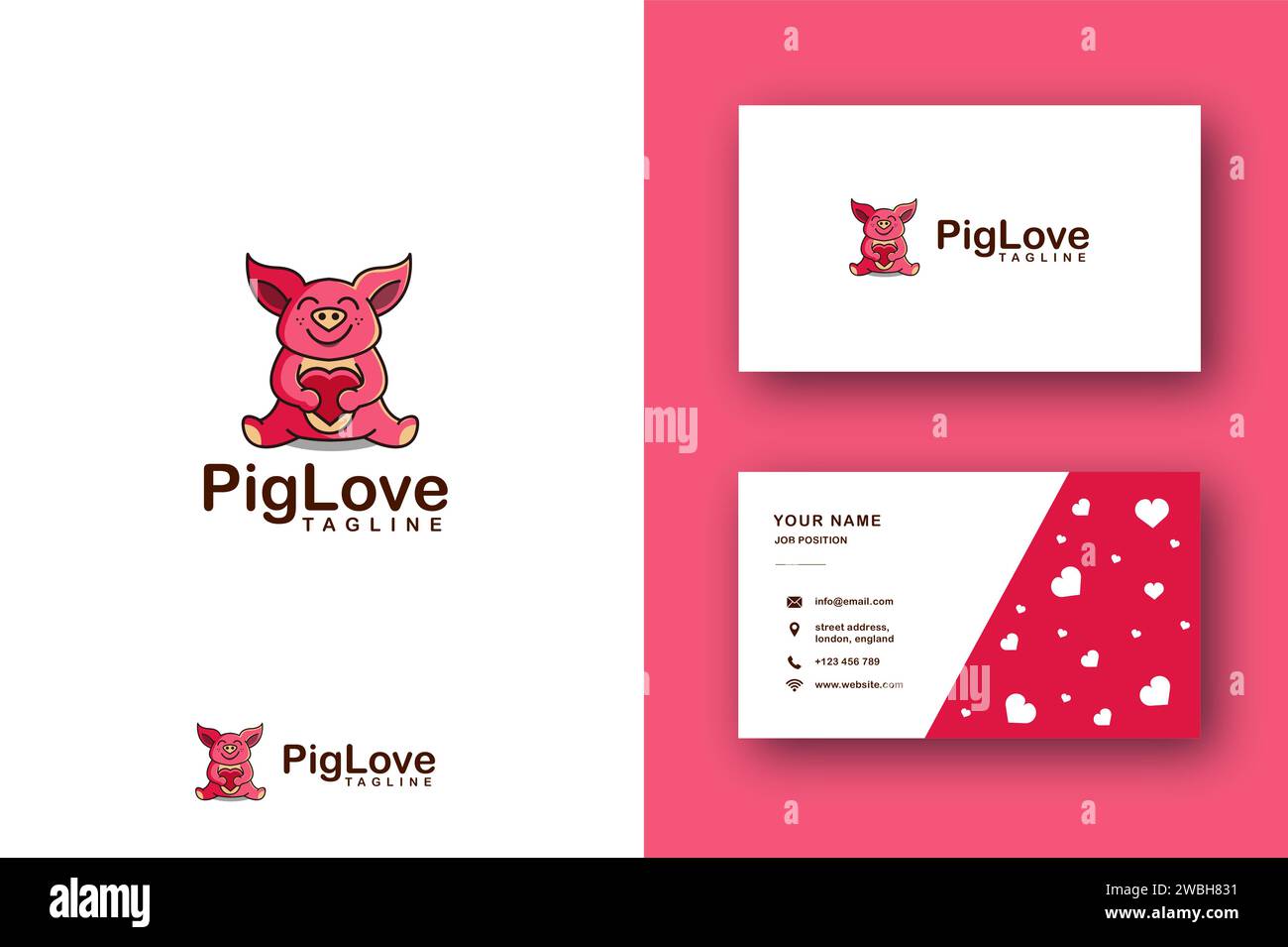 Cute pig hug a heart mascot logo icon vector and business card template ...