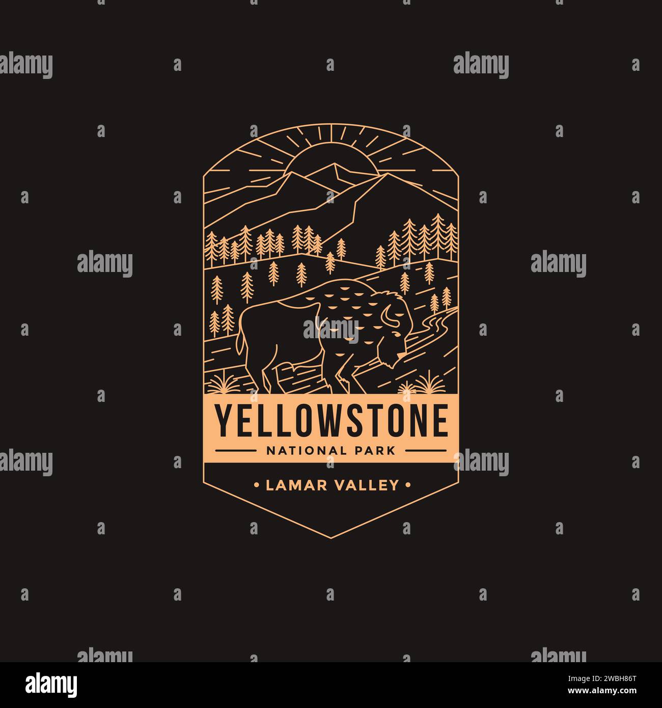 Line art Emblem patch logo illustration of Lamar Valley Yellowstone ...