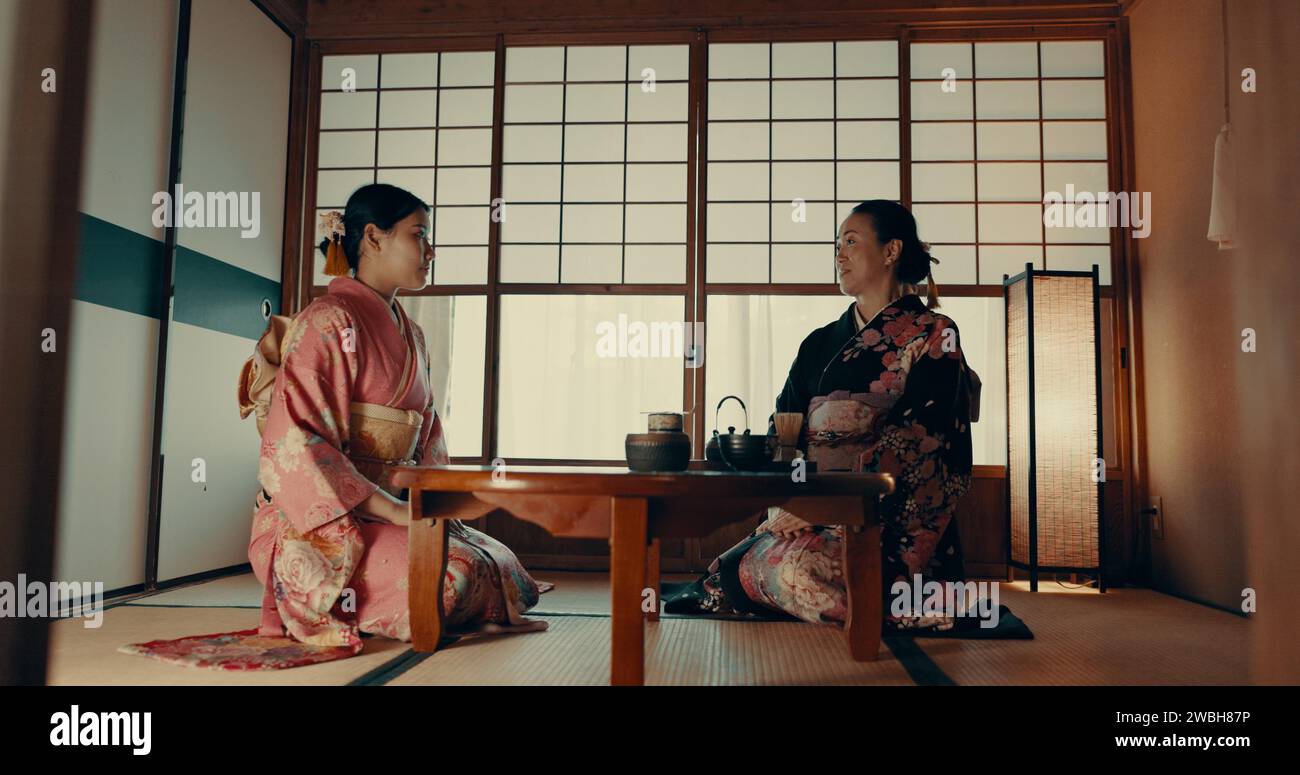 Women in traditional Japanese tea house, kimono and relax with ...