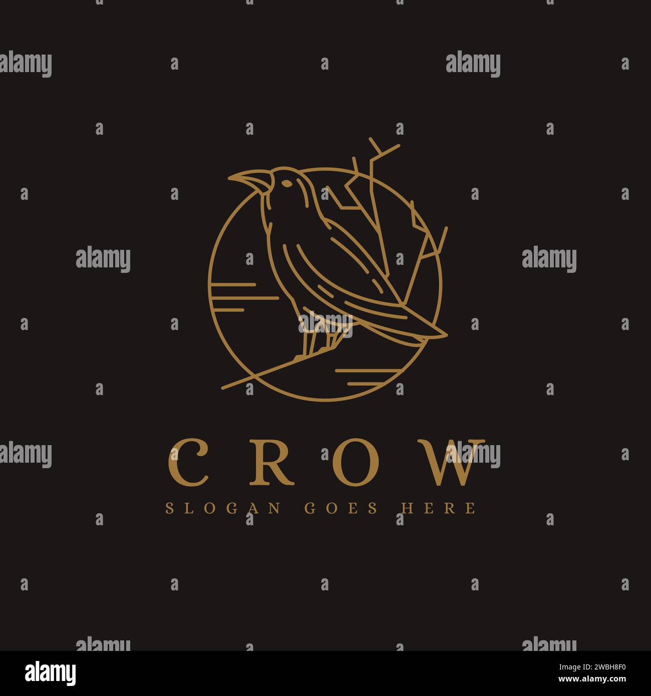 Line art raven crow bird logo icon vector illustration on dark ...