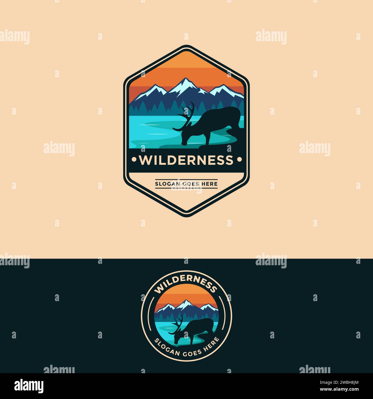 Badge emblem patch wilderness outdoor deer on lake mountain landscape ...