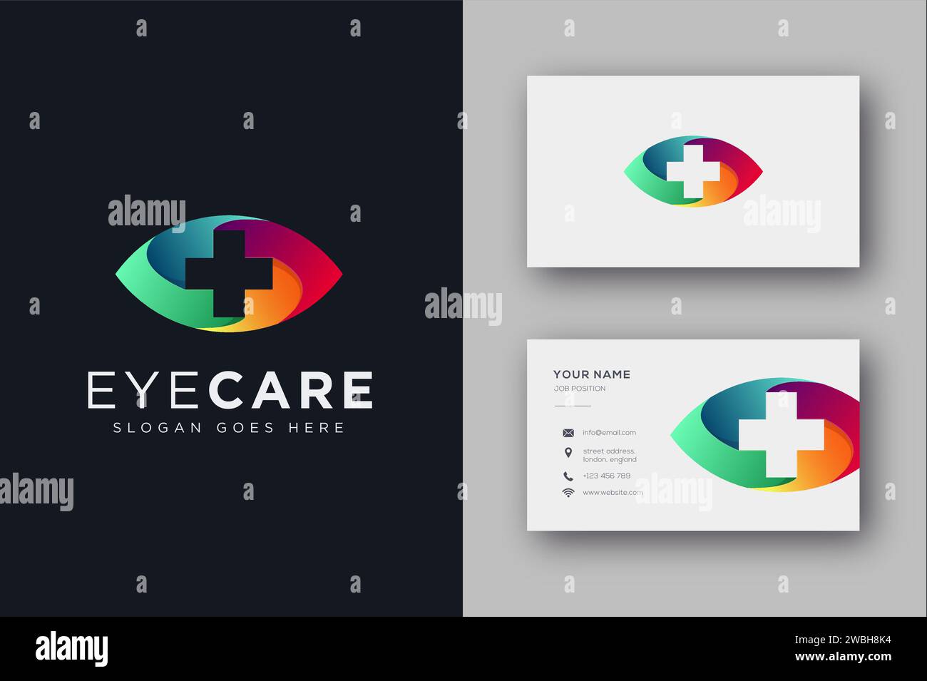 Abstract modern gradient eye and medical cross logo, eye care logo icon vector and business card ...