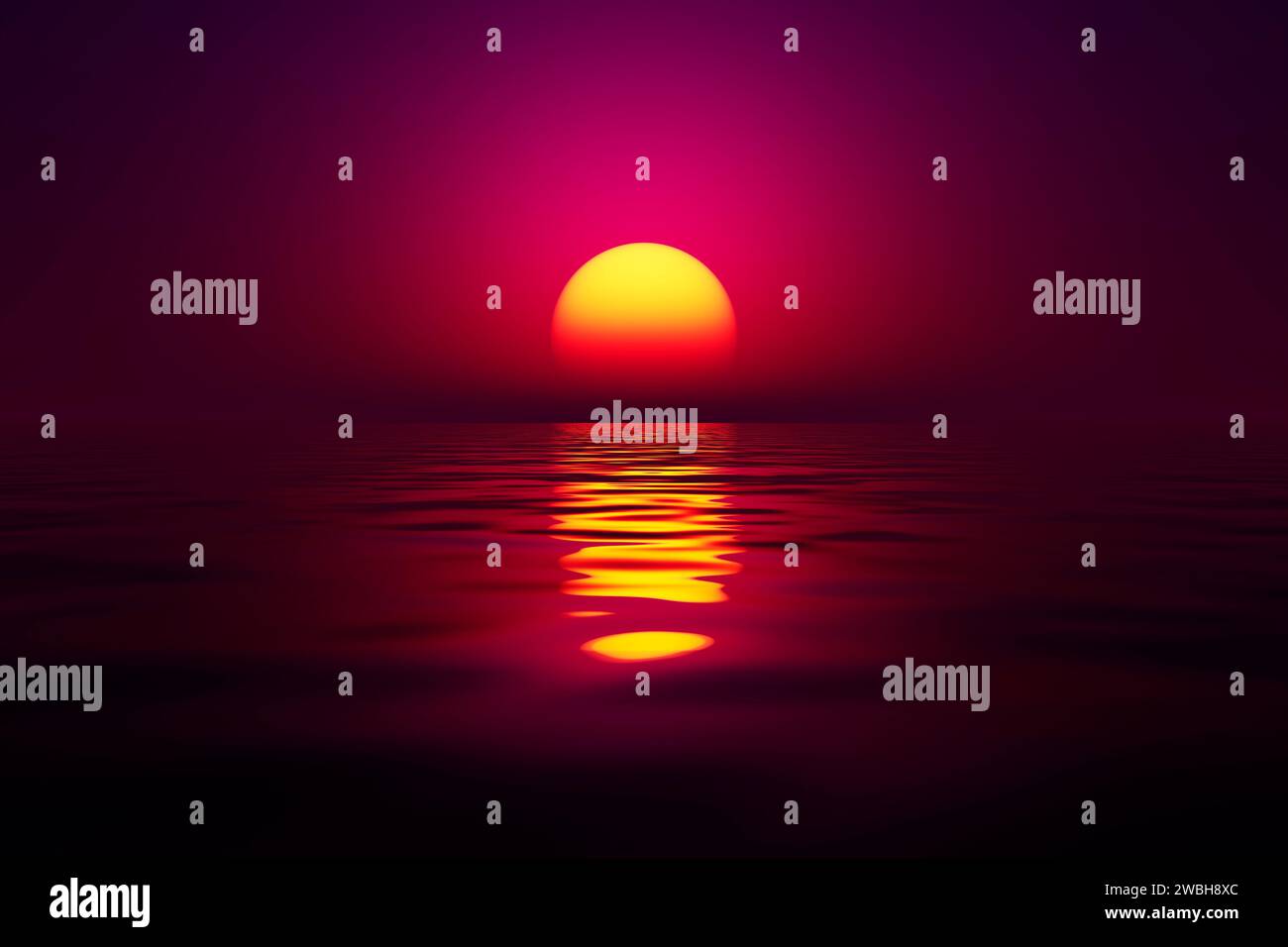 Bright red sunset in synthwave style over the surface of the water ...