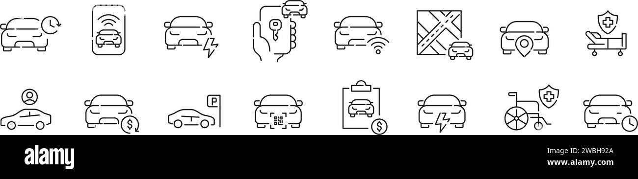 Car rental service icons set. Parking, medical assistance, qr code ...