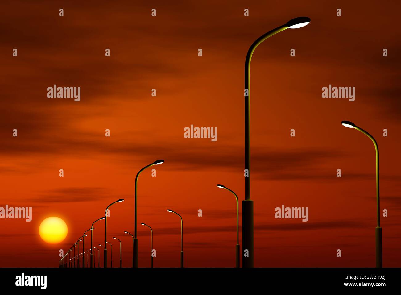 Street lighting poles against the sky in the colors of sunset Stock ...