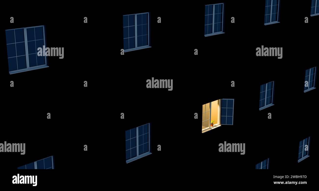 The light is on in one open window of a large multi-story residential ...