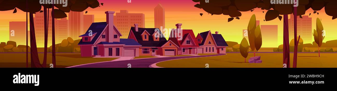 Suburban landscape at sunset or sunrise. Morning or evening cartoon ...