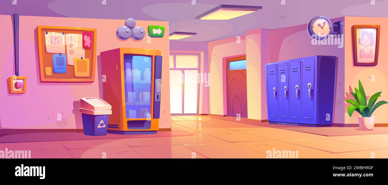 Empty school hallway with doors to classrooms, lockers and vending ...