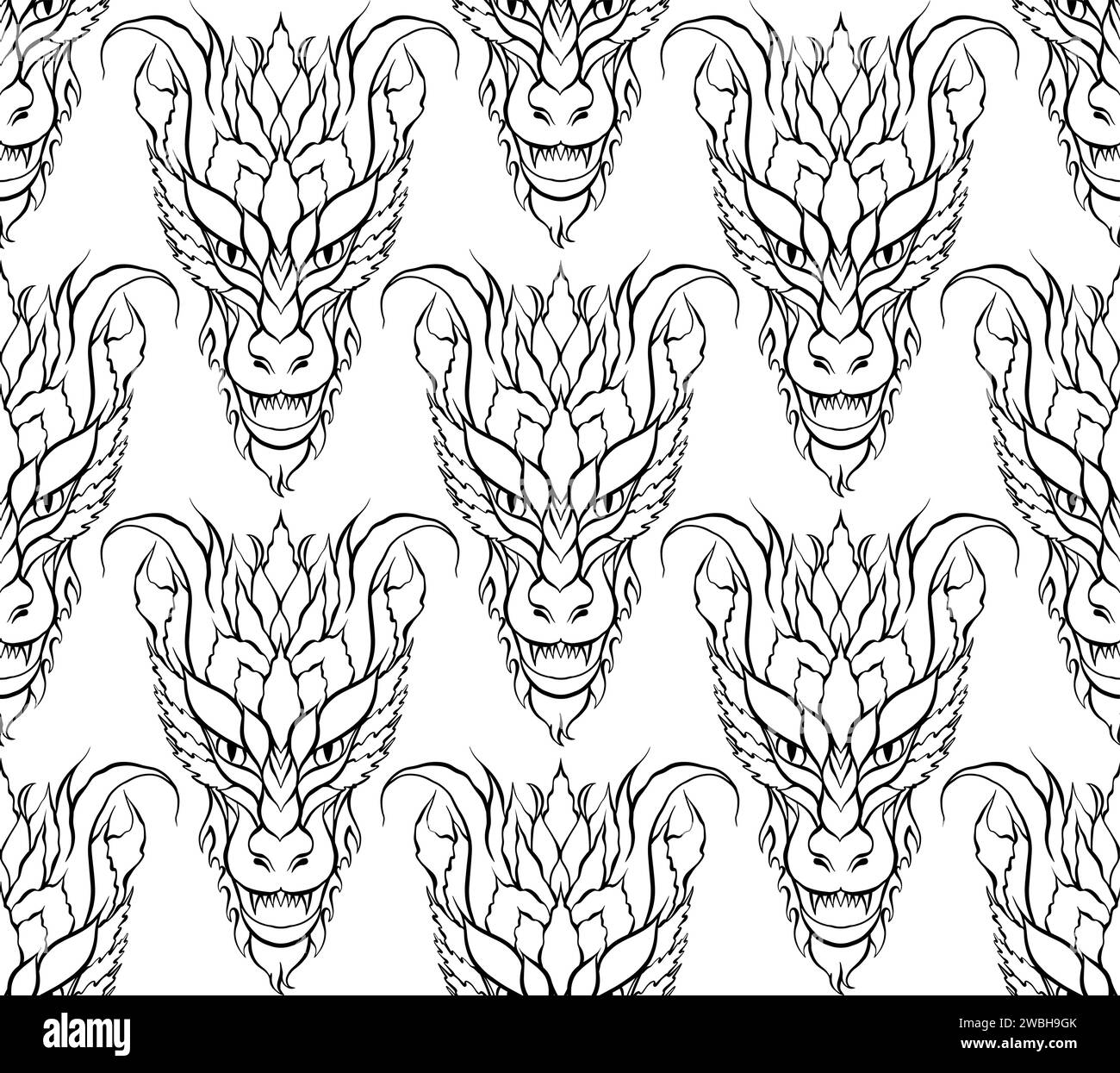 Vector seamless pattern with contour roaring dragons on white ...