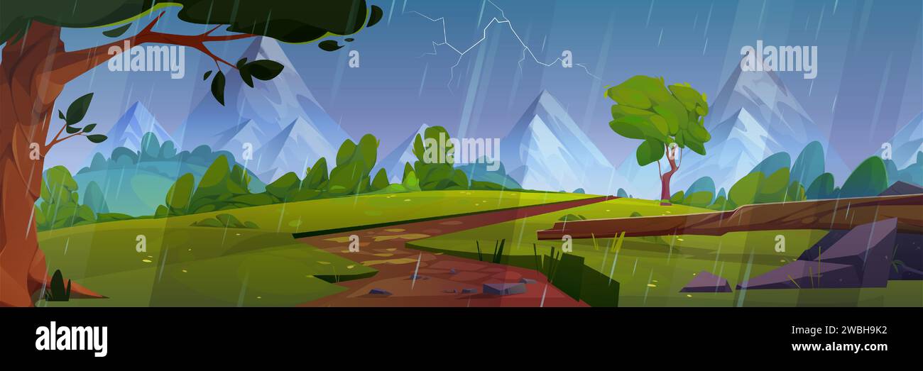 Rainy weather in mountain valley with footpath. Vector cartoon ...