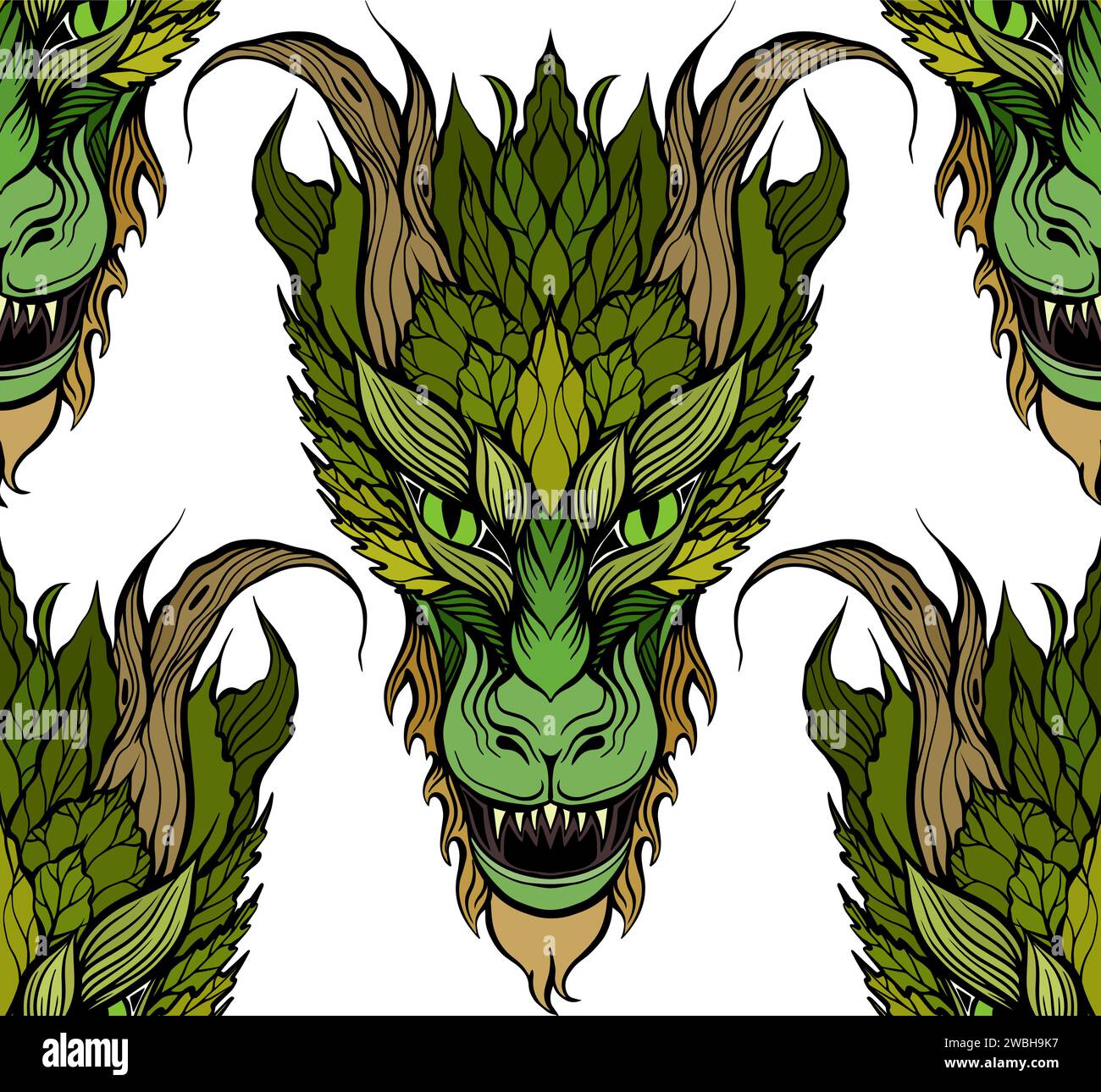 Vector seamless pattern with cartoon roaring dragon on white background ...