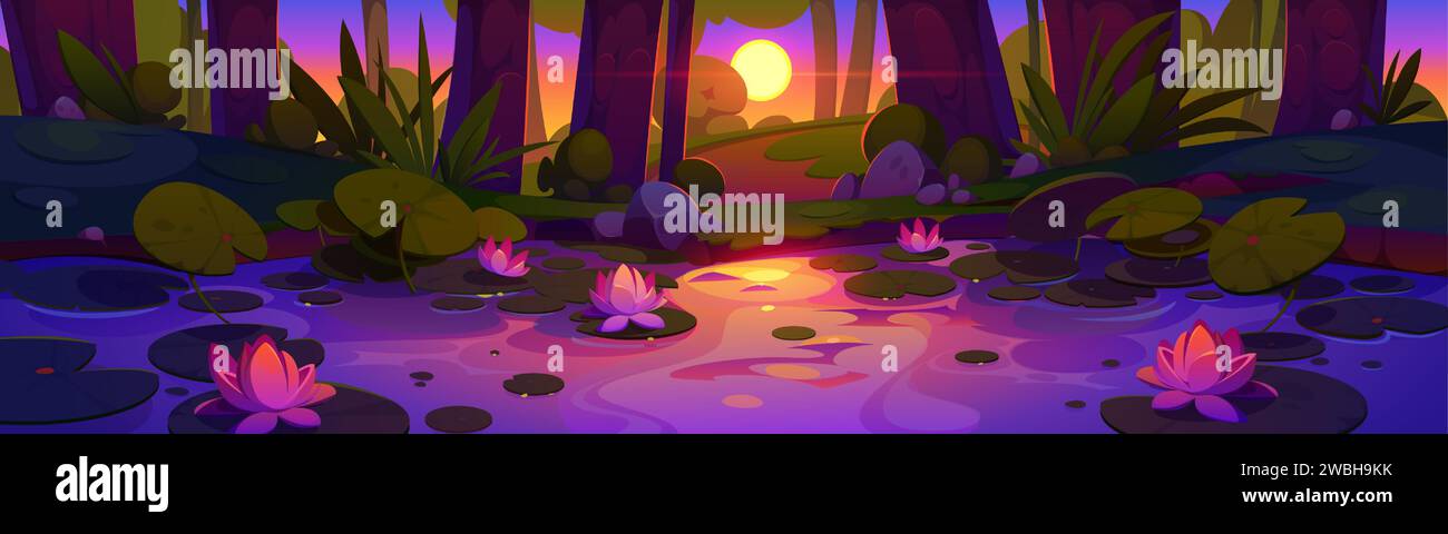Rainforest swamp with lotus flowers at sunset. Vector cartoon ...
