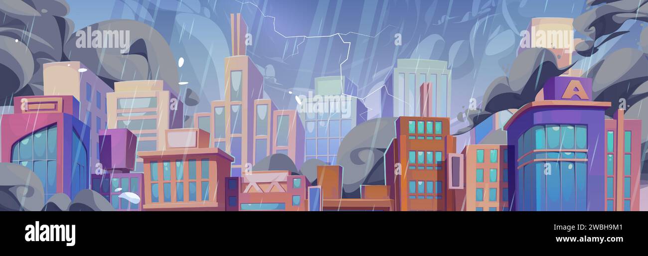 Rainfall in modern city. Vector cartoon illustration of pouring rain ...