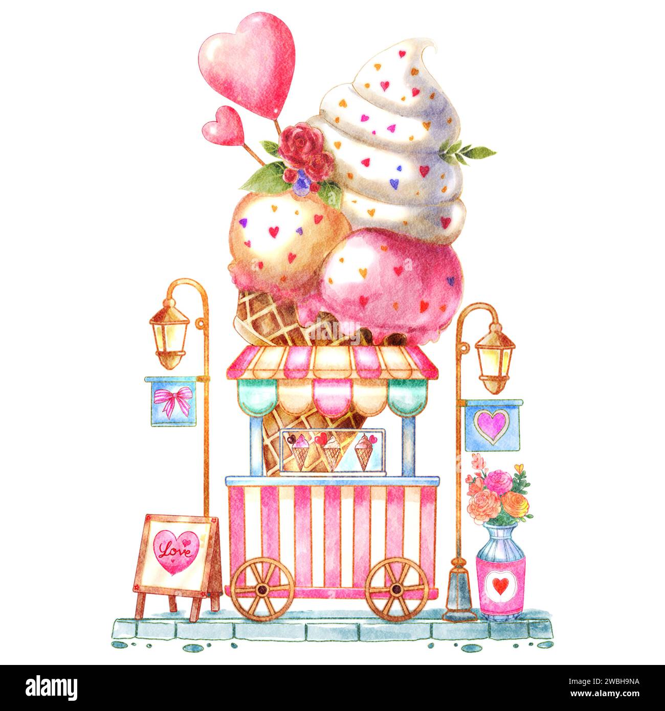 Ice cream stall shop . Watercolor painting design . Valentine day ...