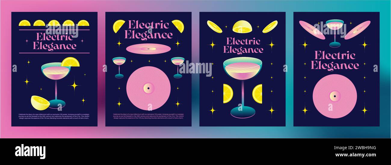 Y2k retro style poster template with cocktail in glass, vinyl records ...