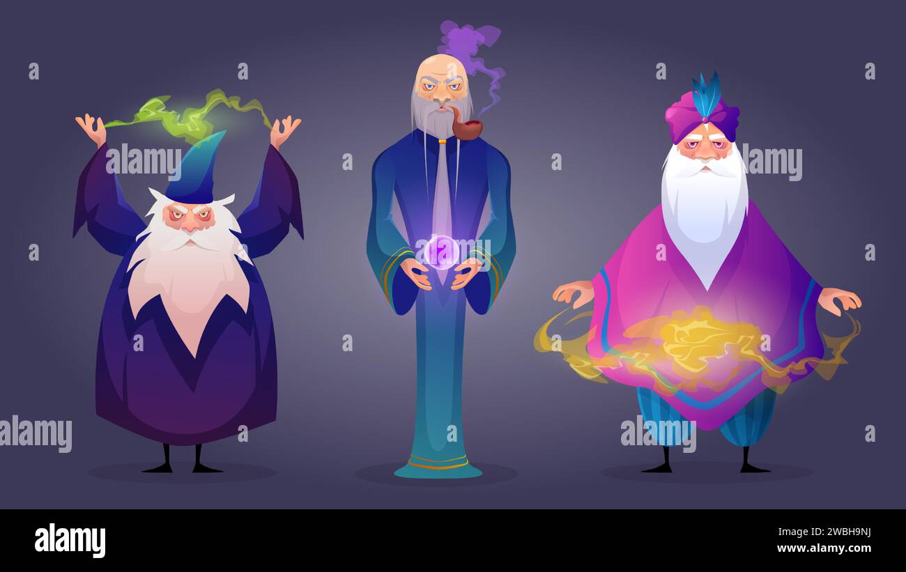 Male wizard game design character. Cartoon vector illustration set of various old sorcerer and ...