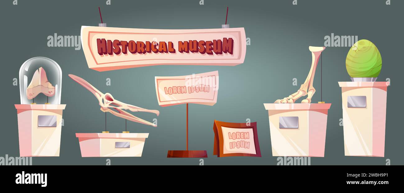 Paleontology museum exhibits set isolated on background. Vector cartoon ...