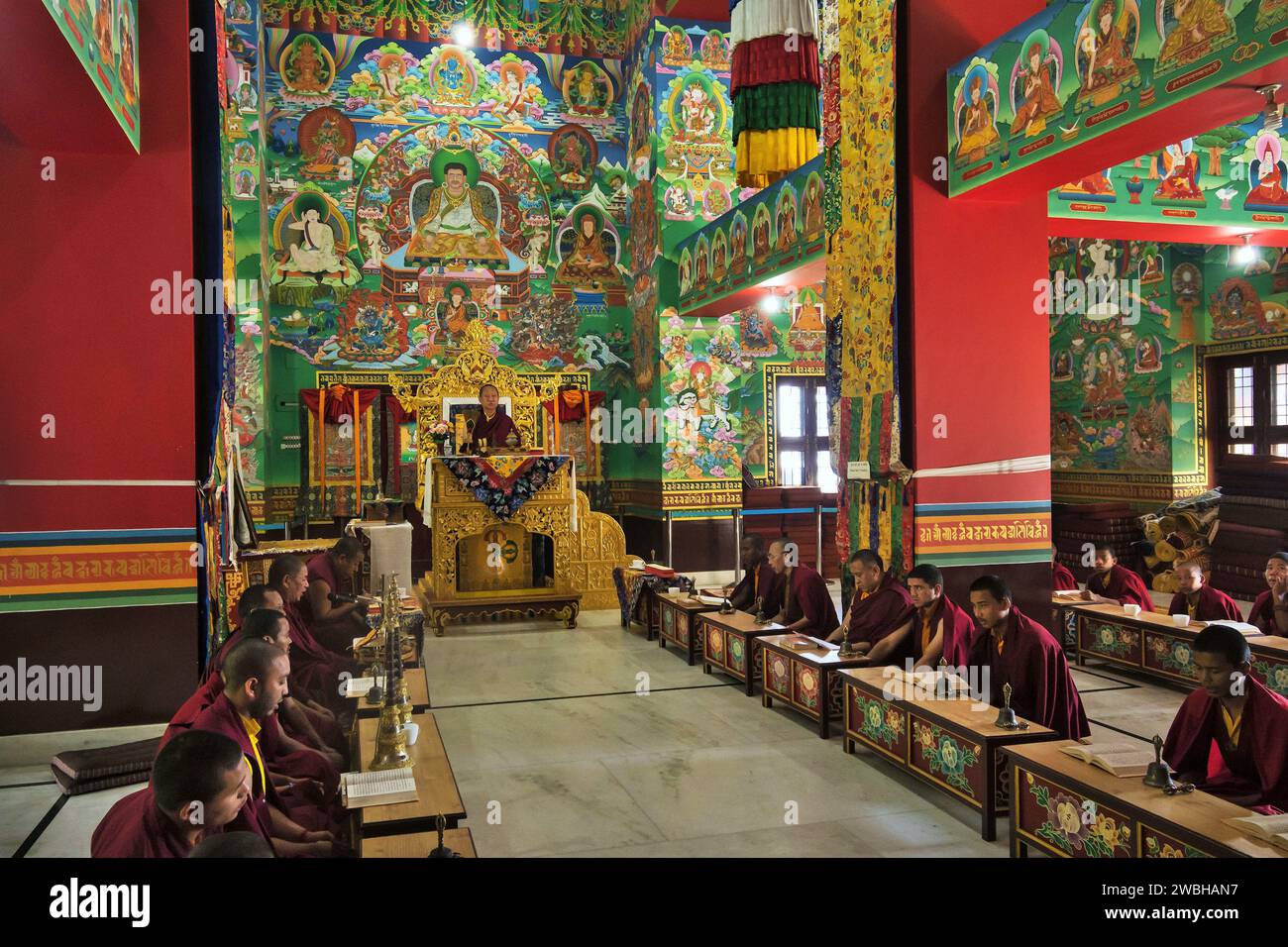 Lamas praying inside Drikung Kagyu Gompa Buddhist Monastery, Wongmin ...
