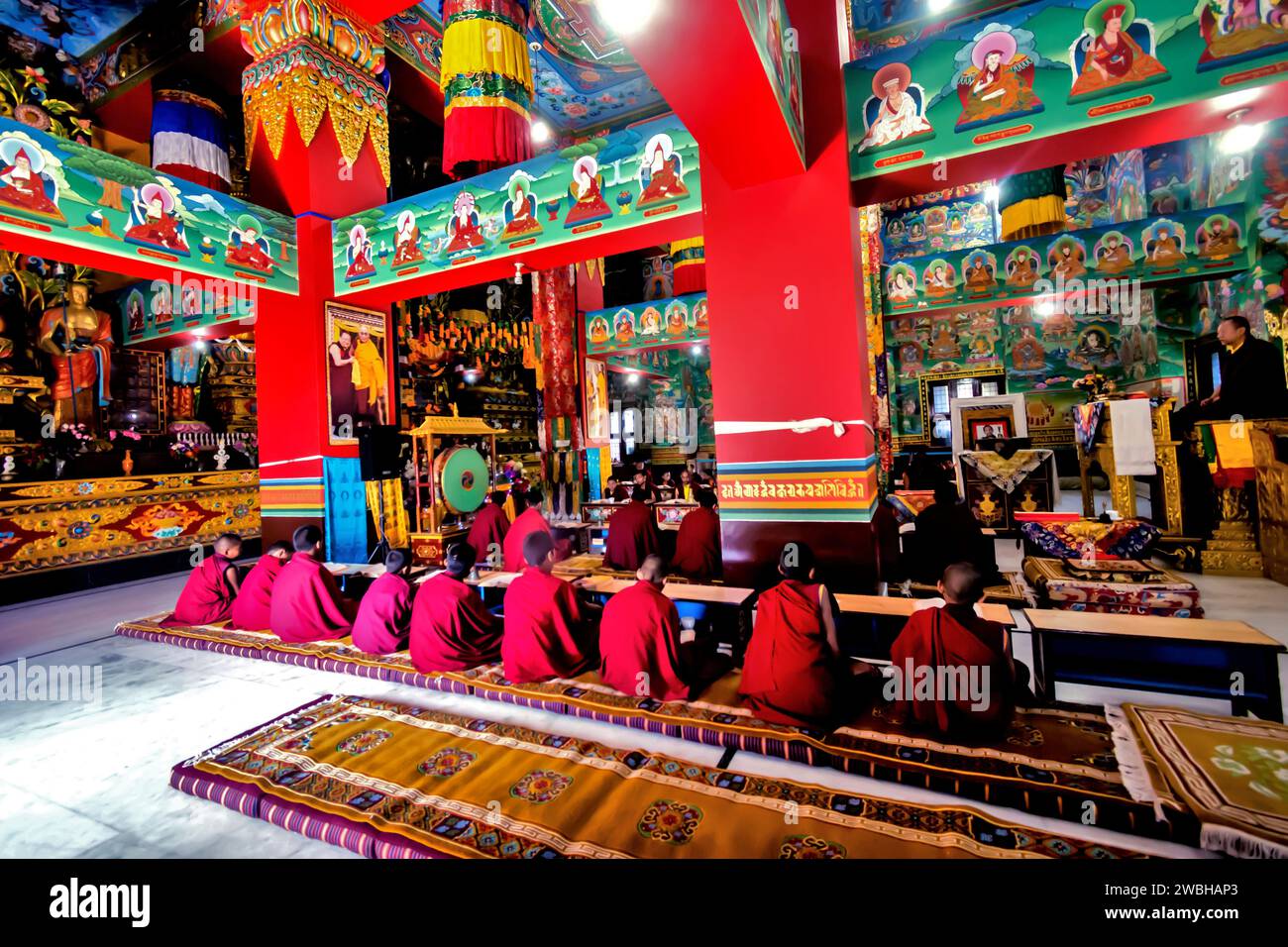 Lamas praying inside Drikung Kagyu Gompa Buddhist Monastery, Wongmin ...