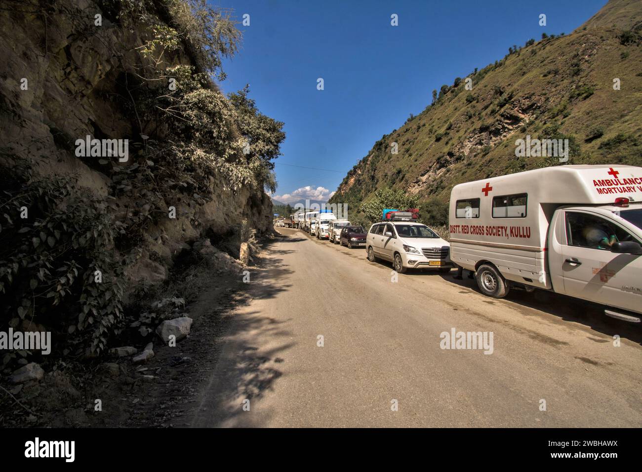 Red Cross Ambulance, Mandi to Kullu road, Himachal Pradesh, India, Asia ...