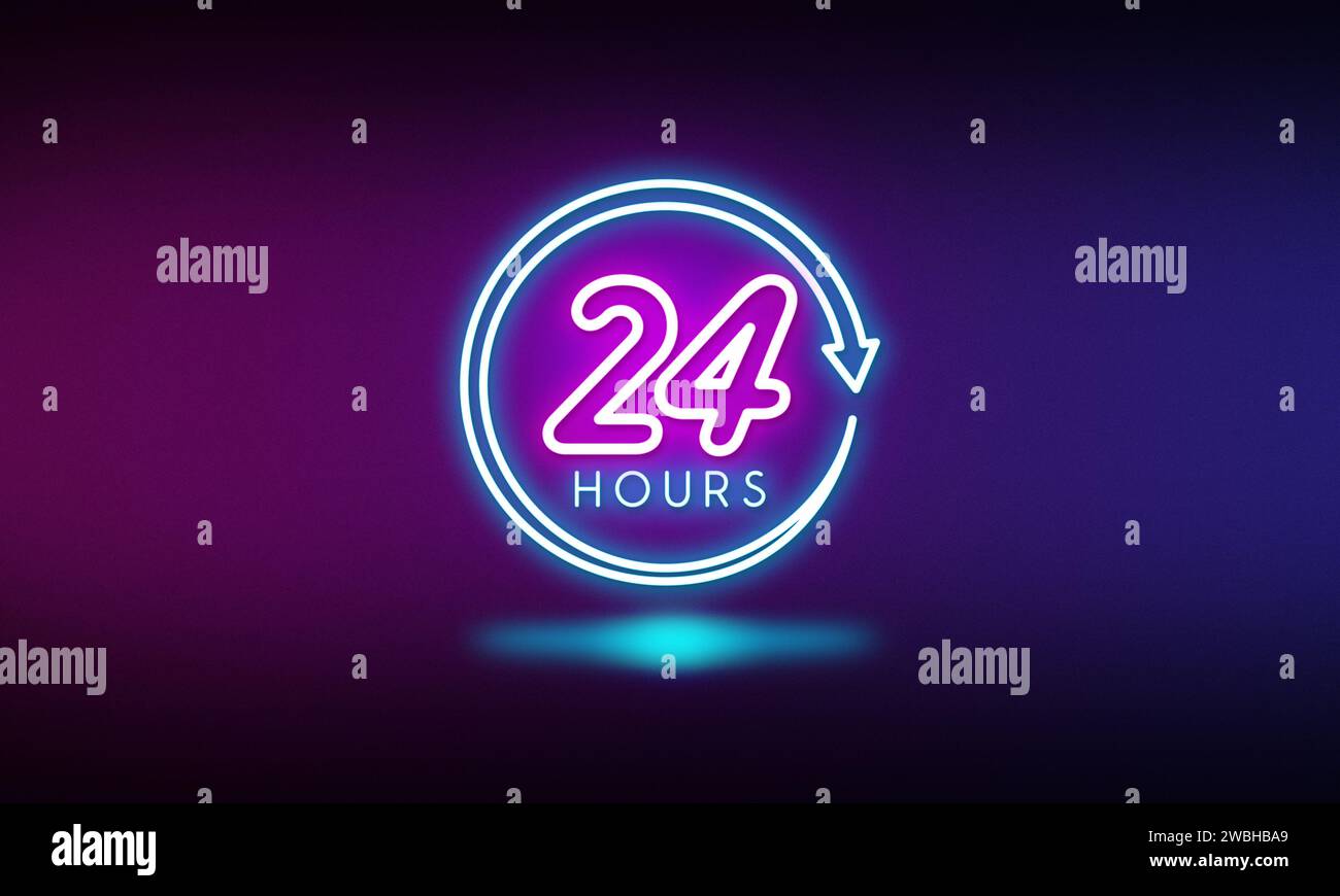 24 hours neon sign symbol on dark background Stock Photo - Alamy
