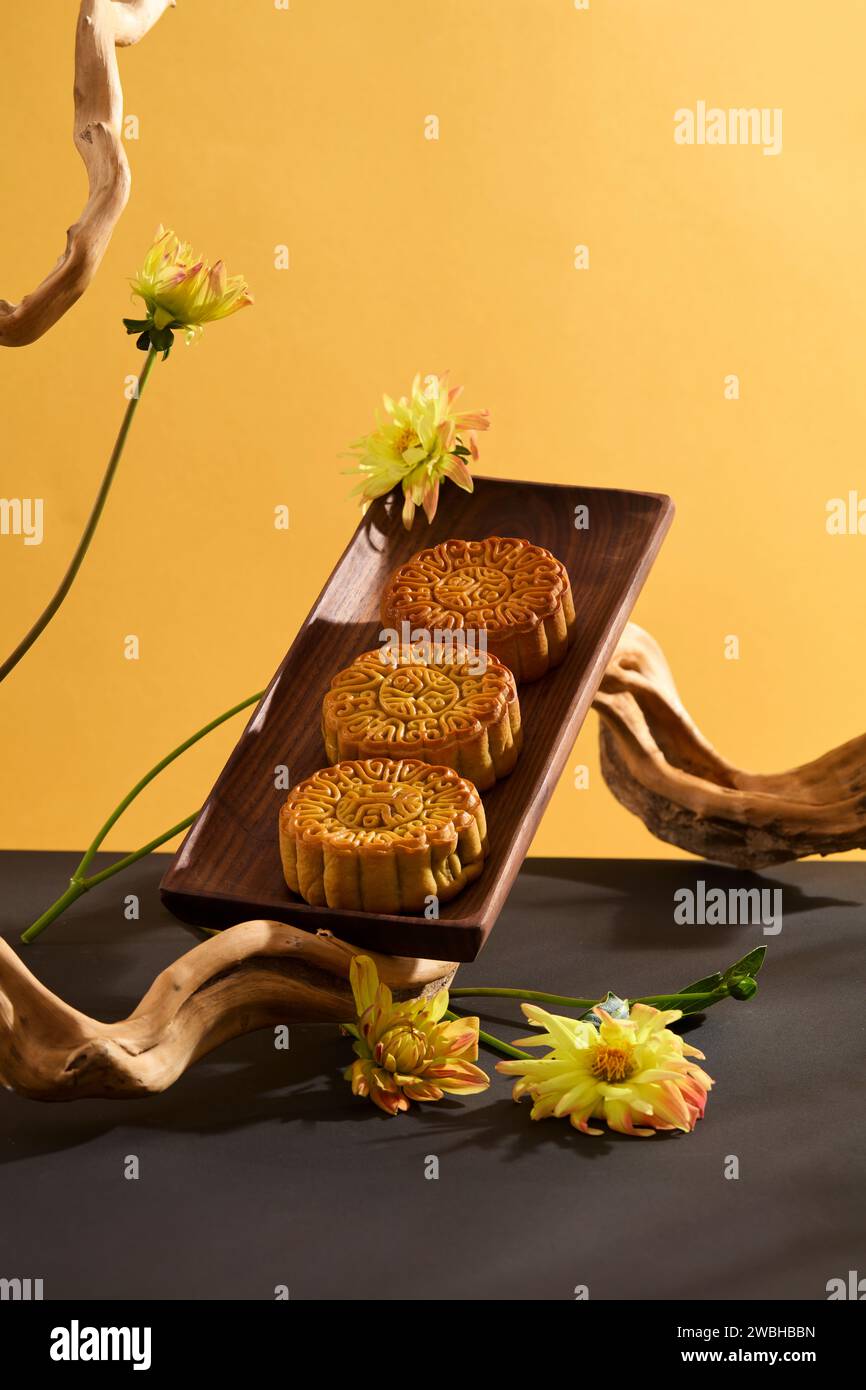 A wooden dish of three baked mooncakes is placed on a big tree branch ...