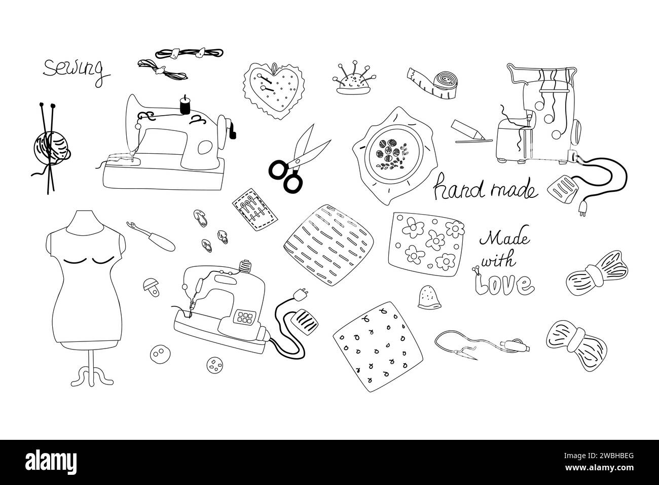 big set of sewing equipment and supplies outline in doodle style ...