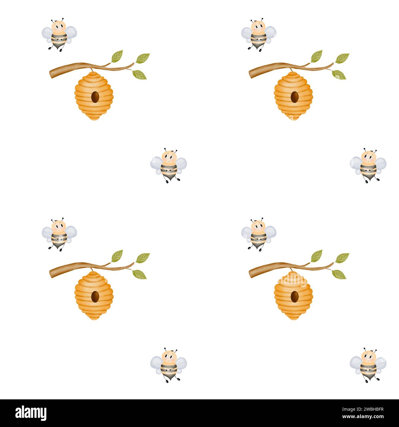 Watercolor seamless pattern of bee with beehive and branch on white ...