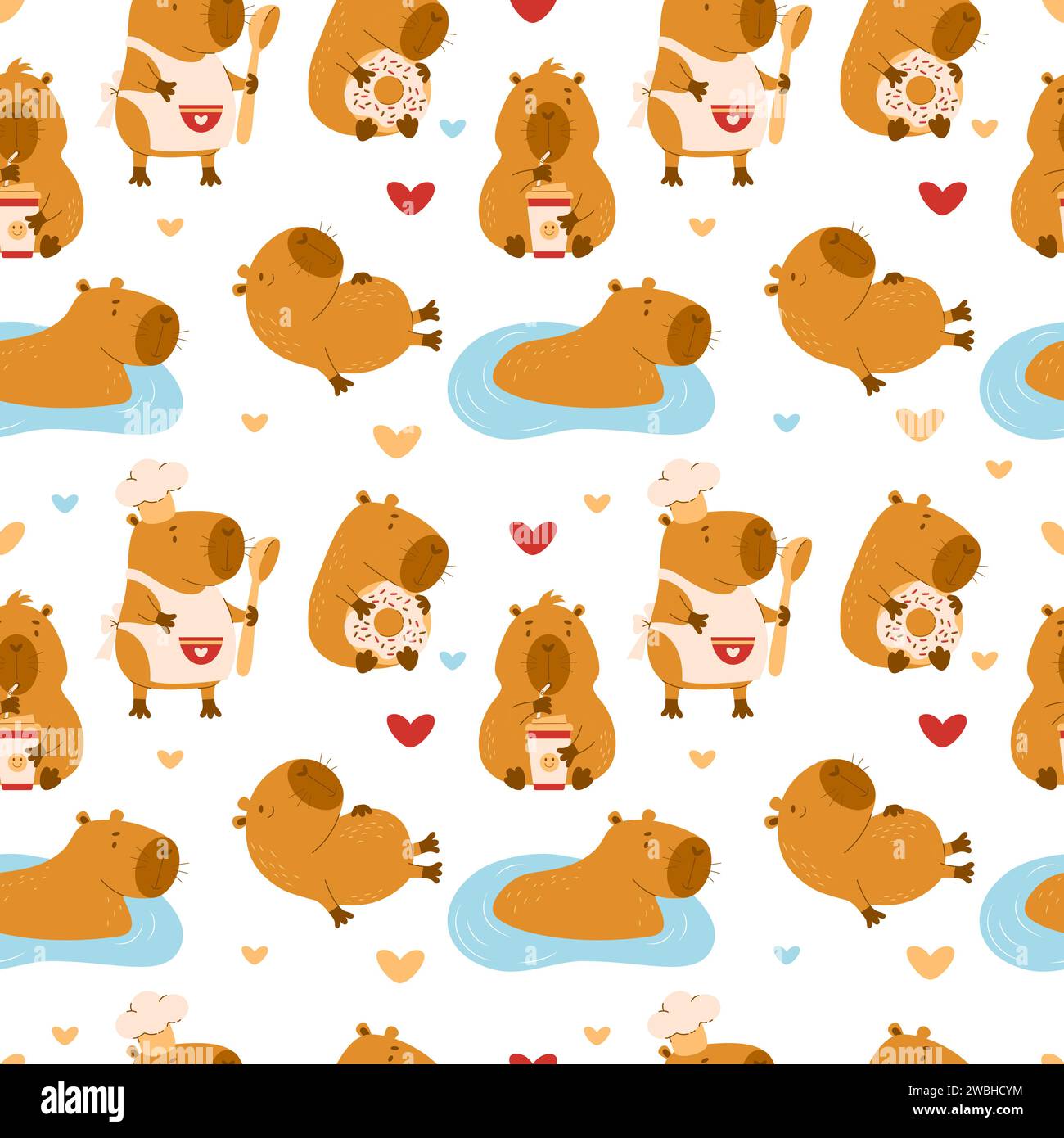 Seamless pattern. Cute animal capybaras characters on white background. Vector illustration for ...