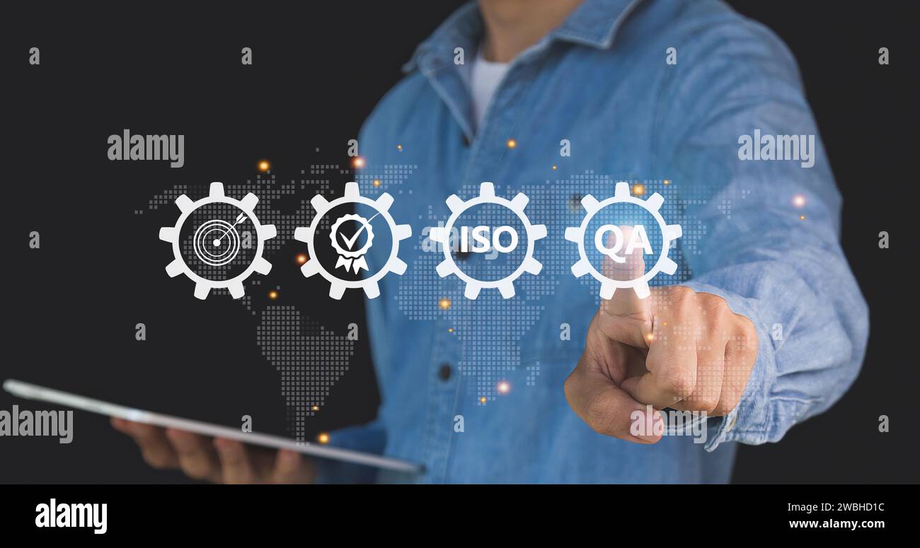 QA Businessman QA symbol showing quality assurance on virtual screen ...