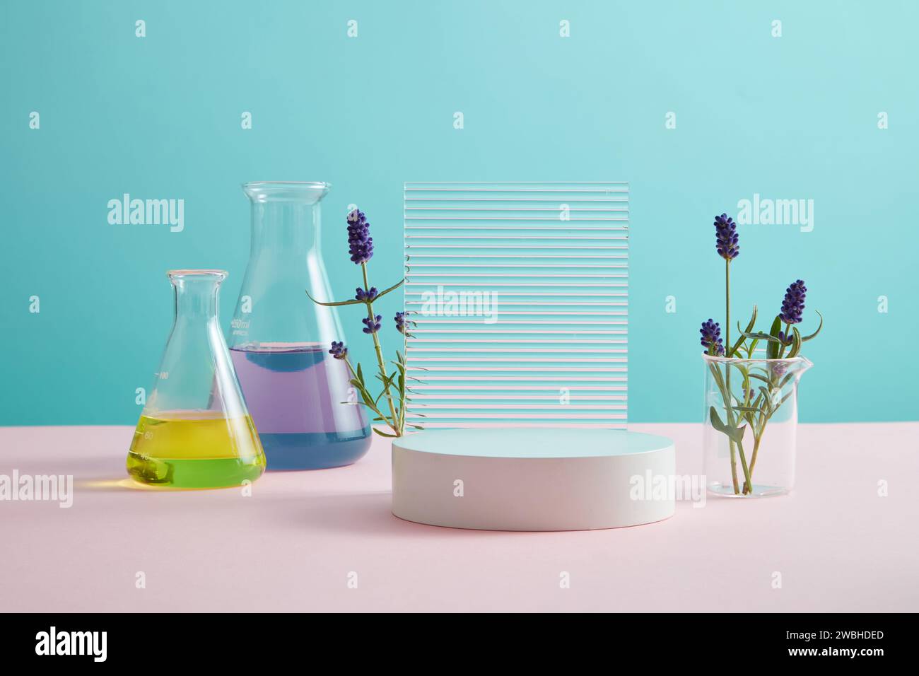 Front view of laboratory equipment filled with color liquid in ...