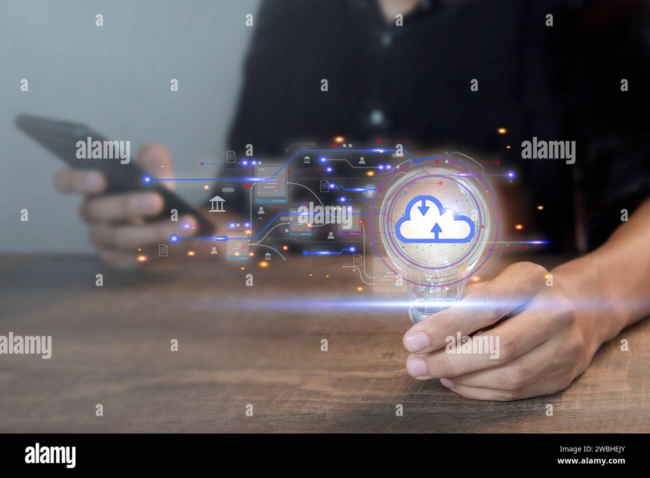 Business hands with icons of cloud computing, cloud storage and data transfer, cloud network ...