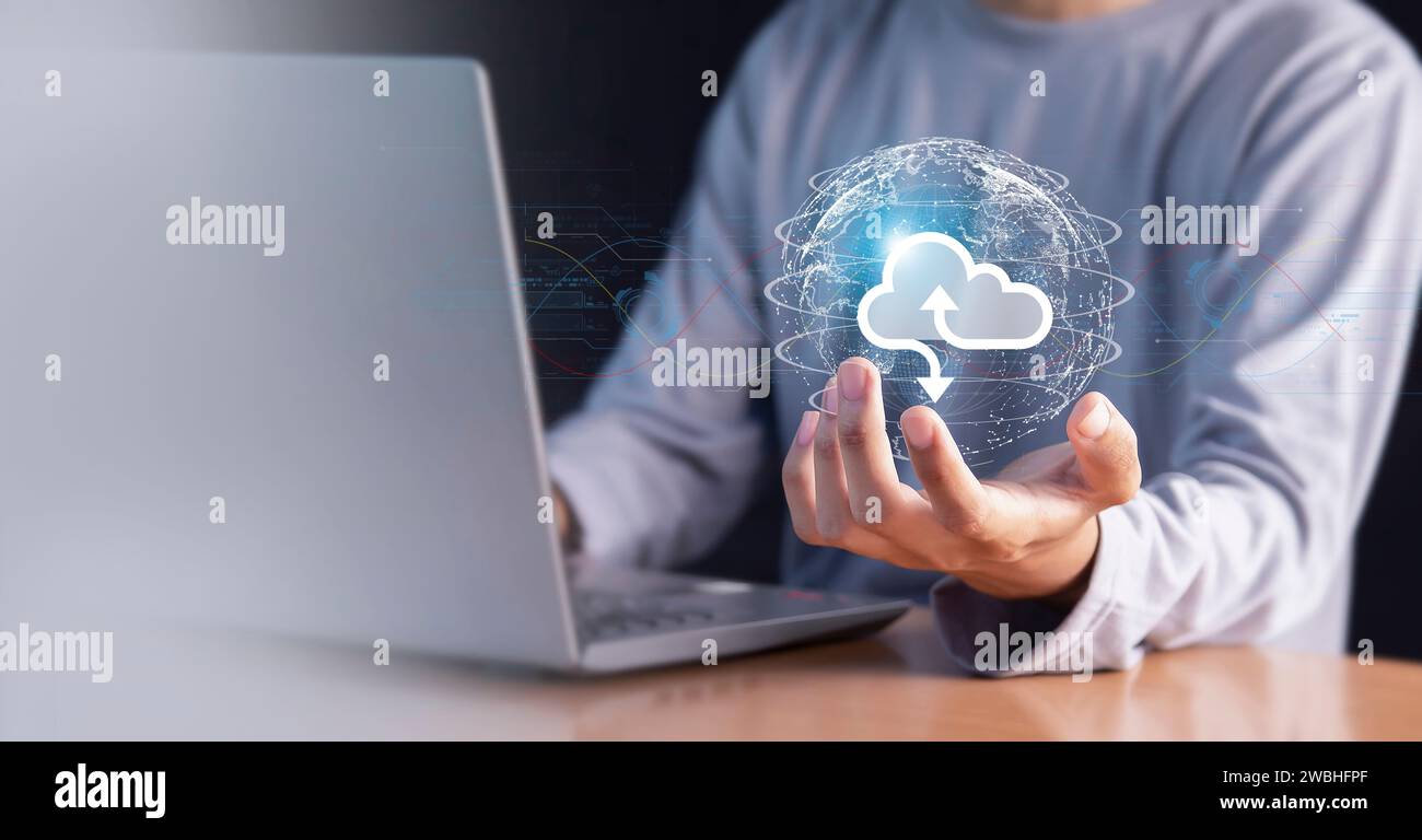 cloud computing shown in hand cloud technology data storage, data transfer, network and internet ...